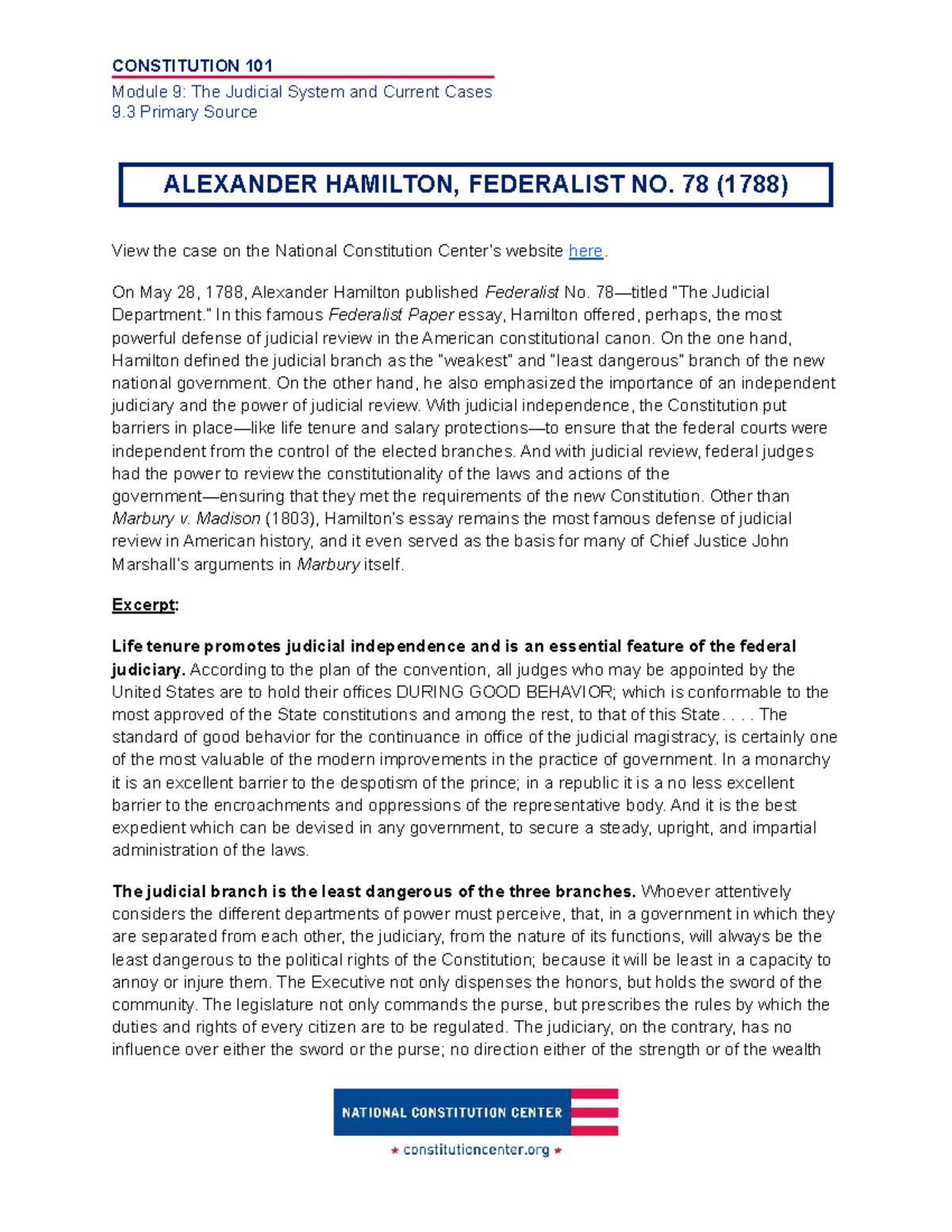 CONSTITUTION 101 Module 9: Judicial System & Federalist No. 78 Analysis ...