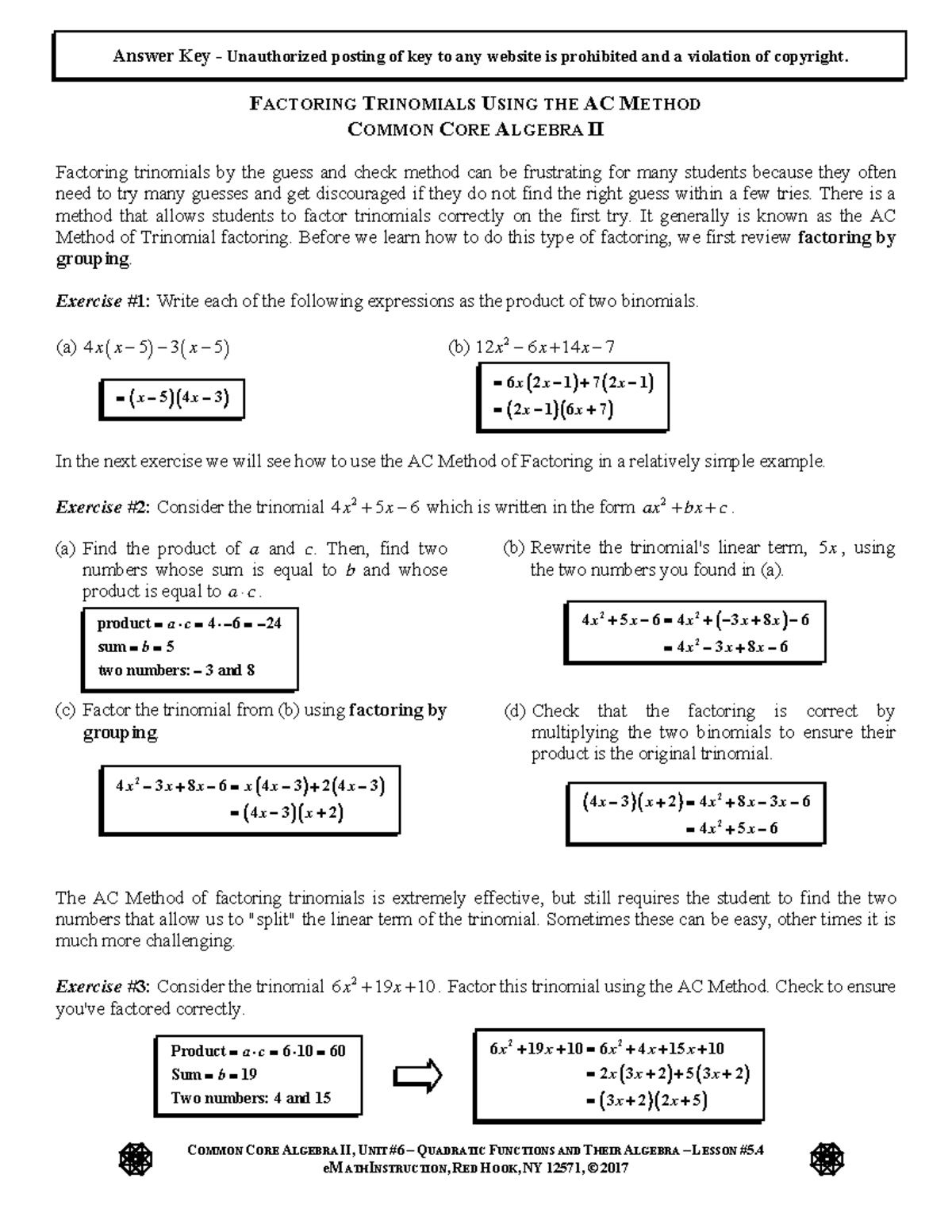 CCAlg II Unit #6 Lesson #5.4: Factoring Trinomials Using AC Method ...