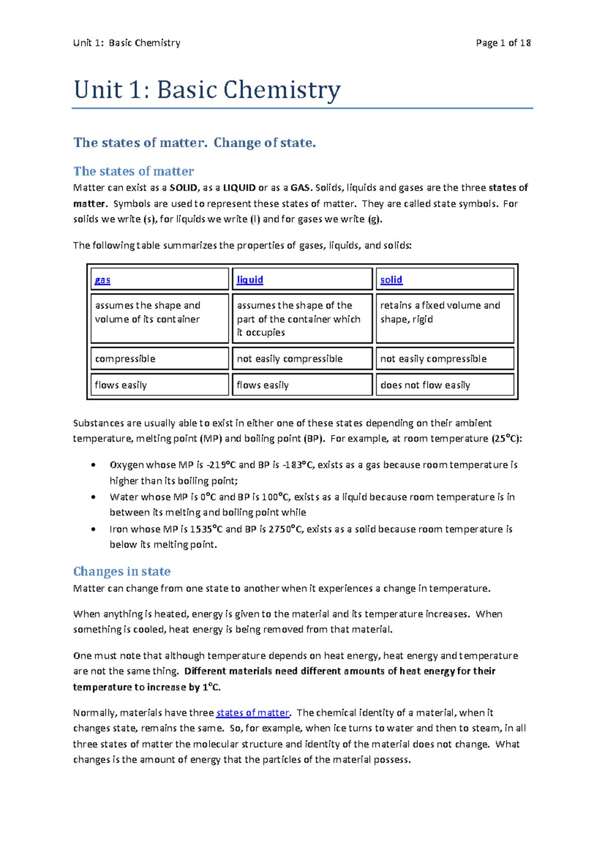 Unit 1: Basic Chemistry - Class Notes on States of Matter and Changes ...