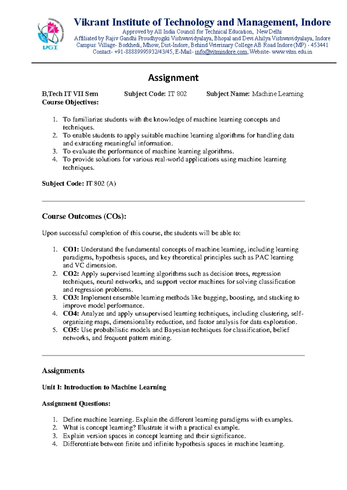 IT 802 Machine Learning Assignment: Key Concepts and Algorithms - Studocu
