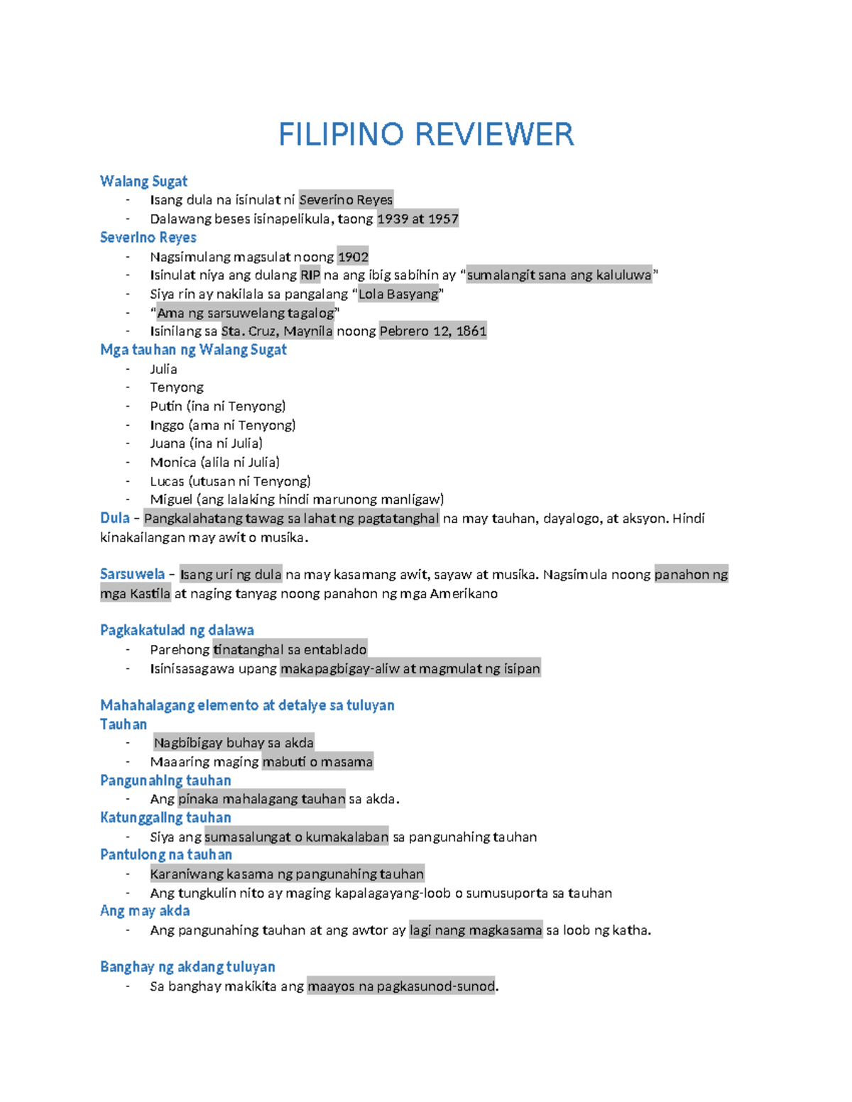 FILIPINO 101: Walang Sugat - Isang Dula ni Severino Reyes - Studocu