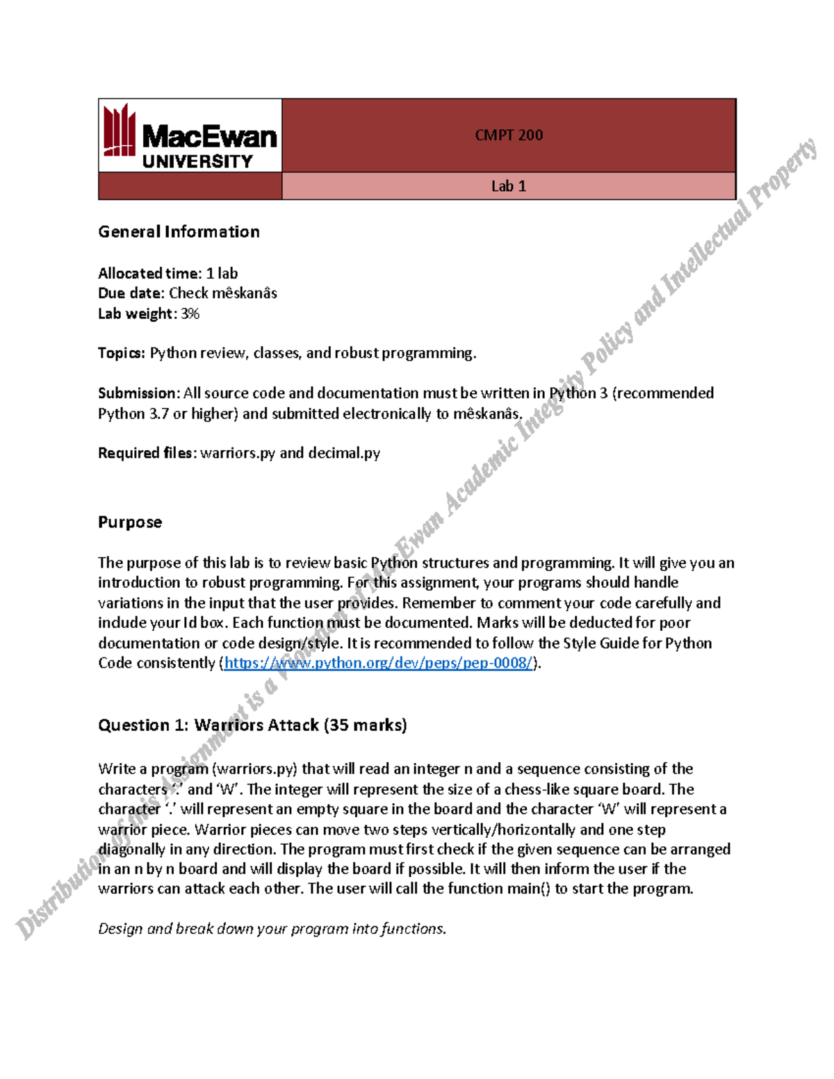 Lab1 - kakakakakka - CMPT 200 Lab 1 General Information Allocated time: 1 lab Due date: Check ...
