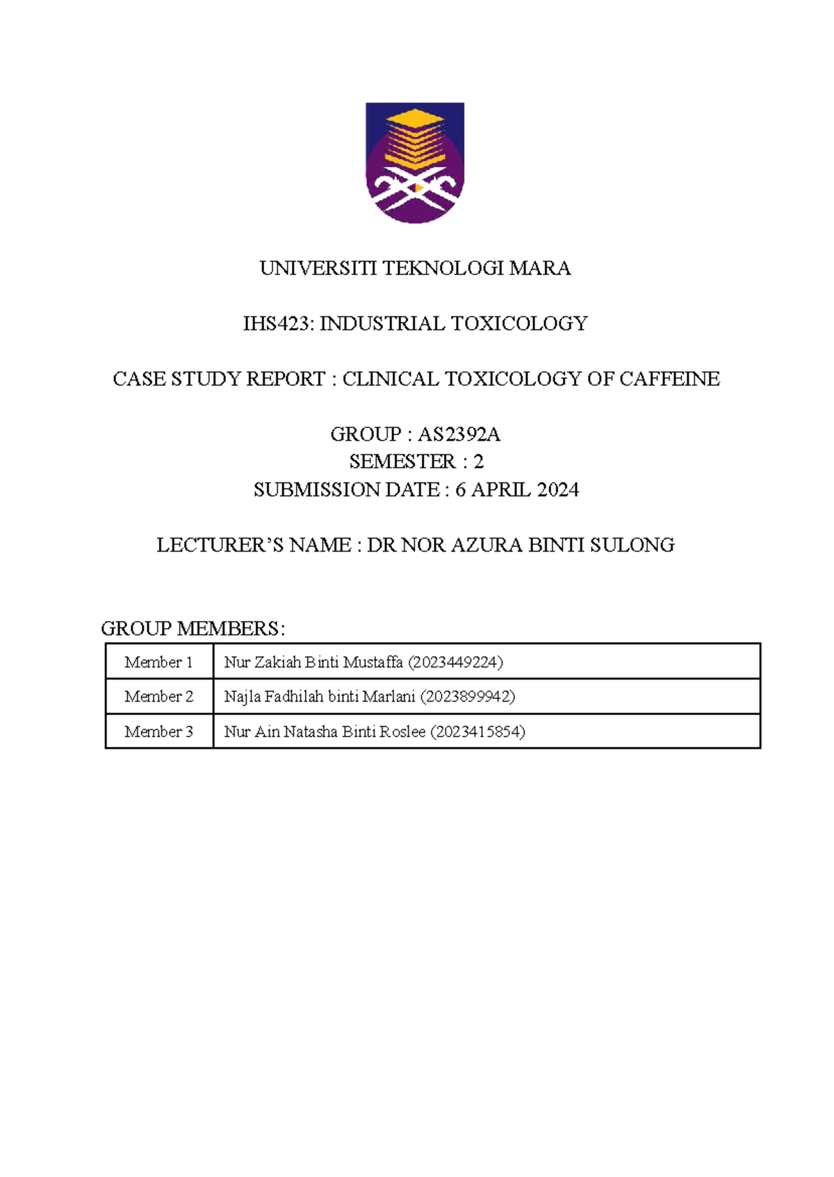 IHS423: Clinical Toxicology Case Study on Caffeine - Group 2 Report ...