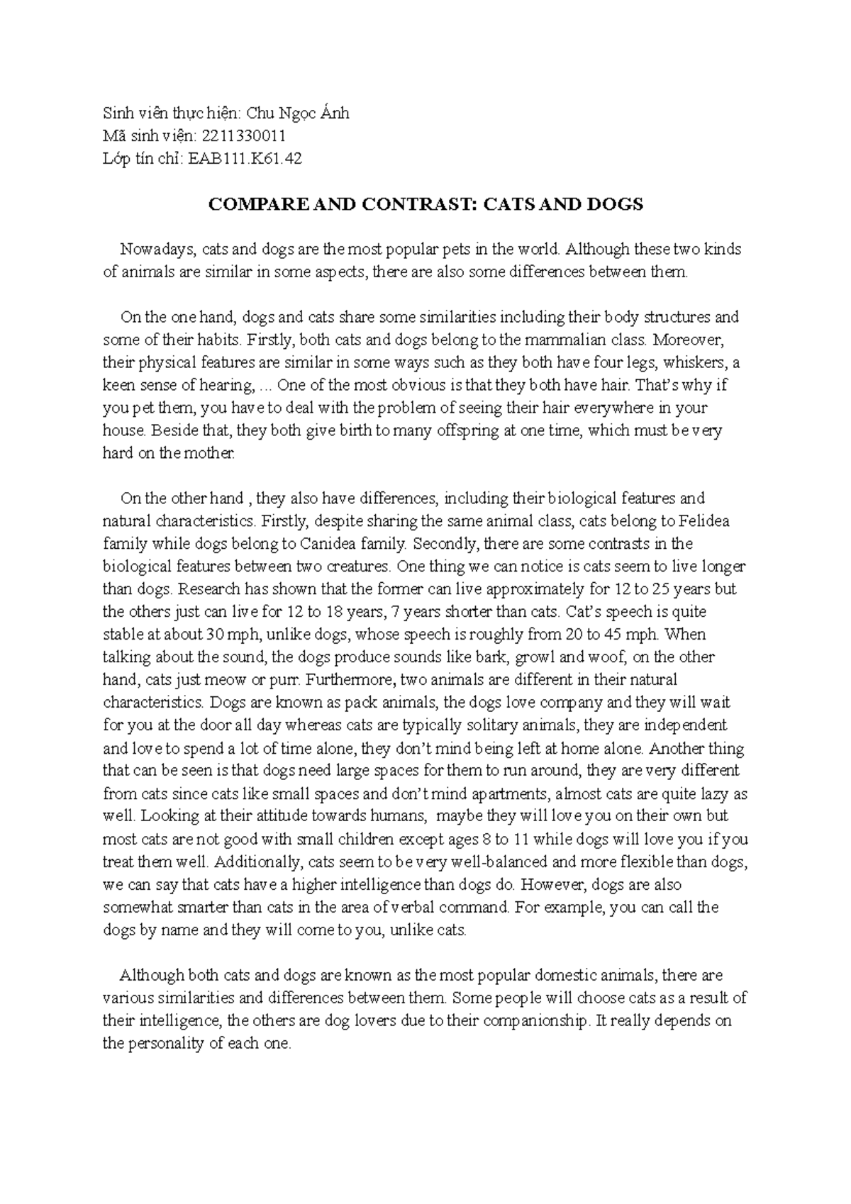 EAB111.K61: Compare and Contrast Essay on Cats and Dogs - Studocu