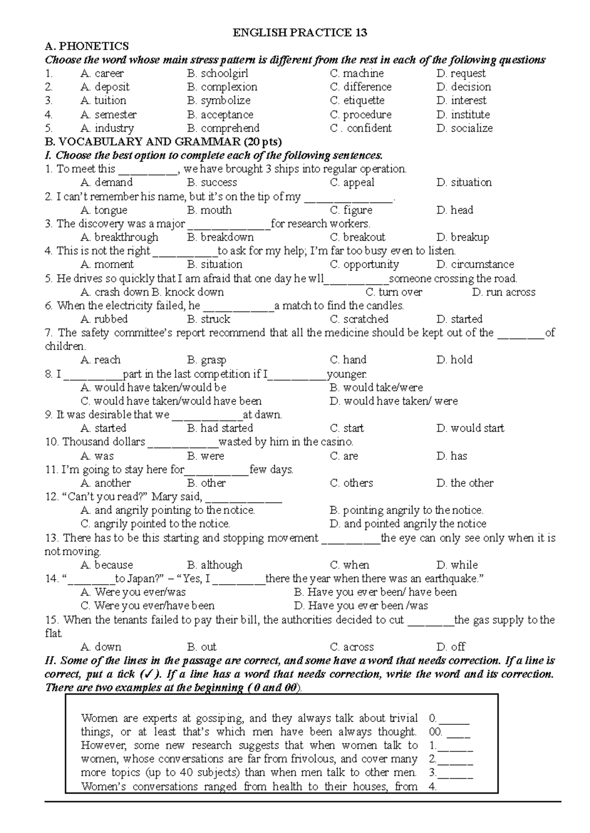 ĐỀ 13 - PHONETICS, VOCABULARY & GRAMMAR PRACTICE - Studocu