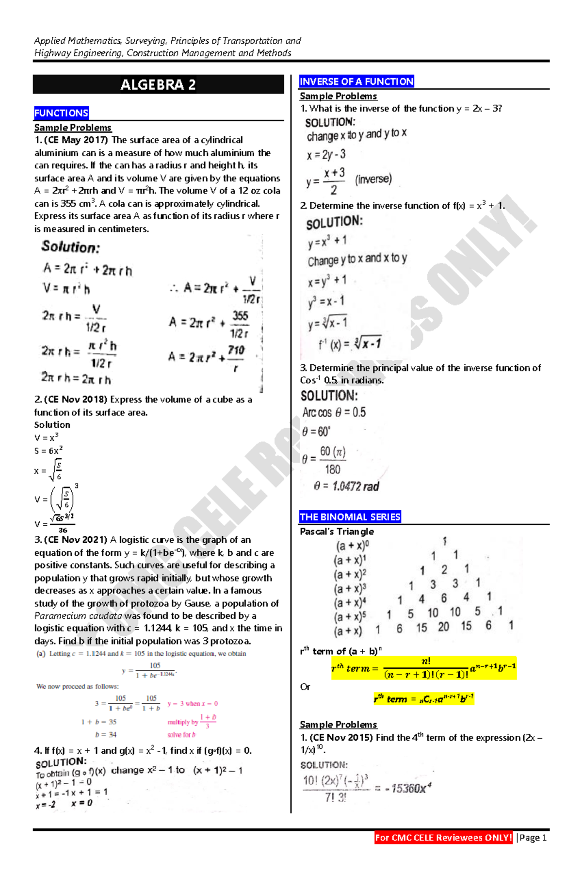 Algebra 2 - Functions, Inverse Functions, Binomial Series & Range - Studocu