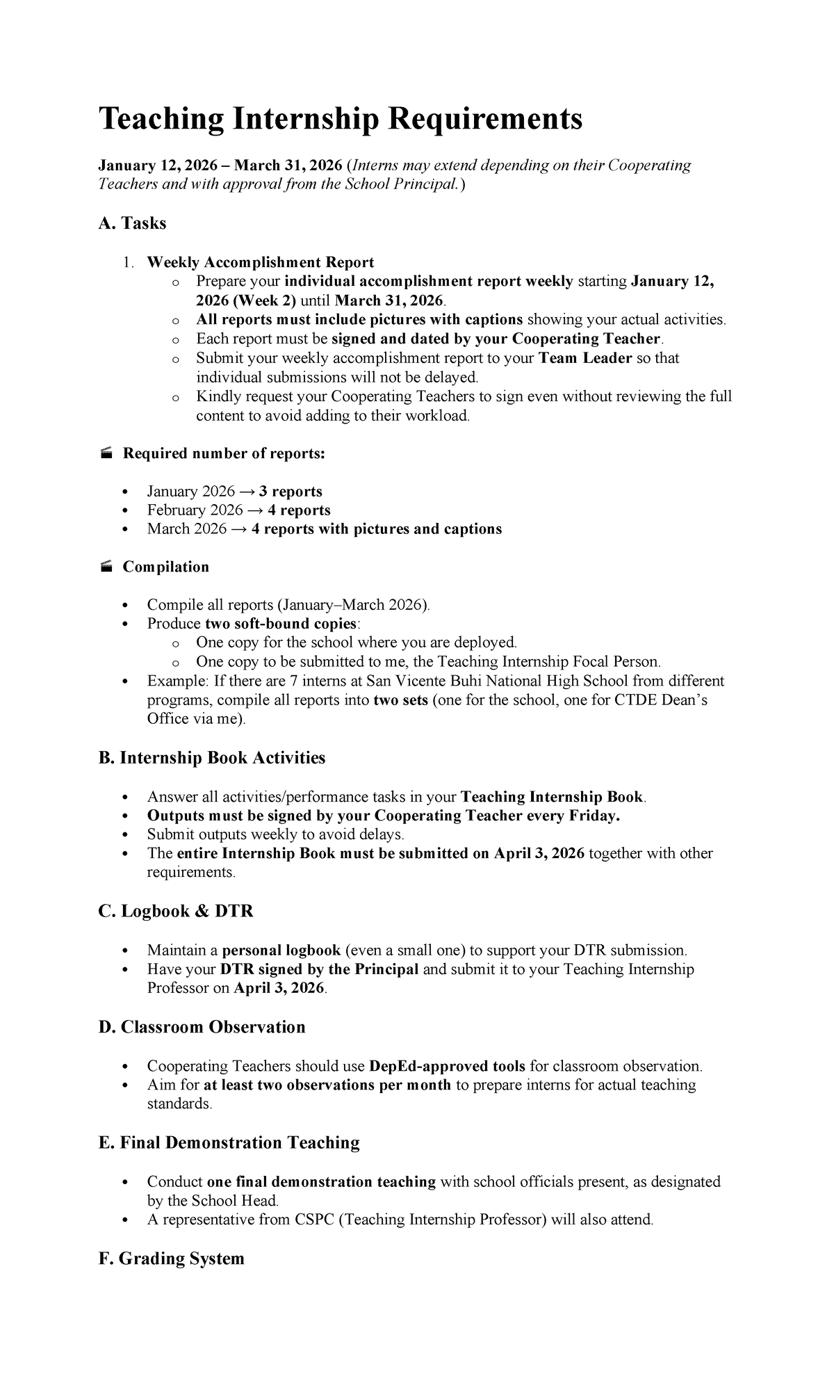 Teaching Internship Requirements (Jan-Mar 2026) - Studocu