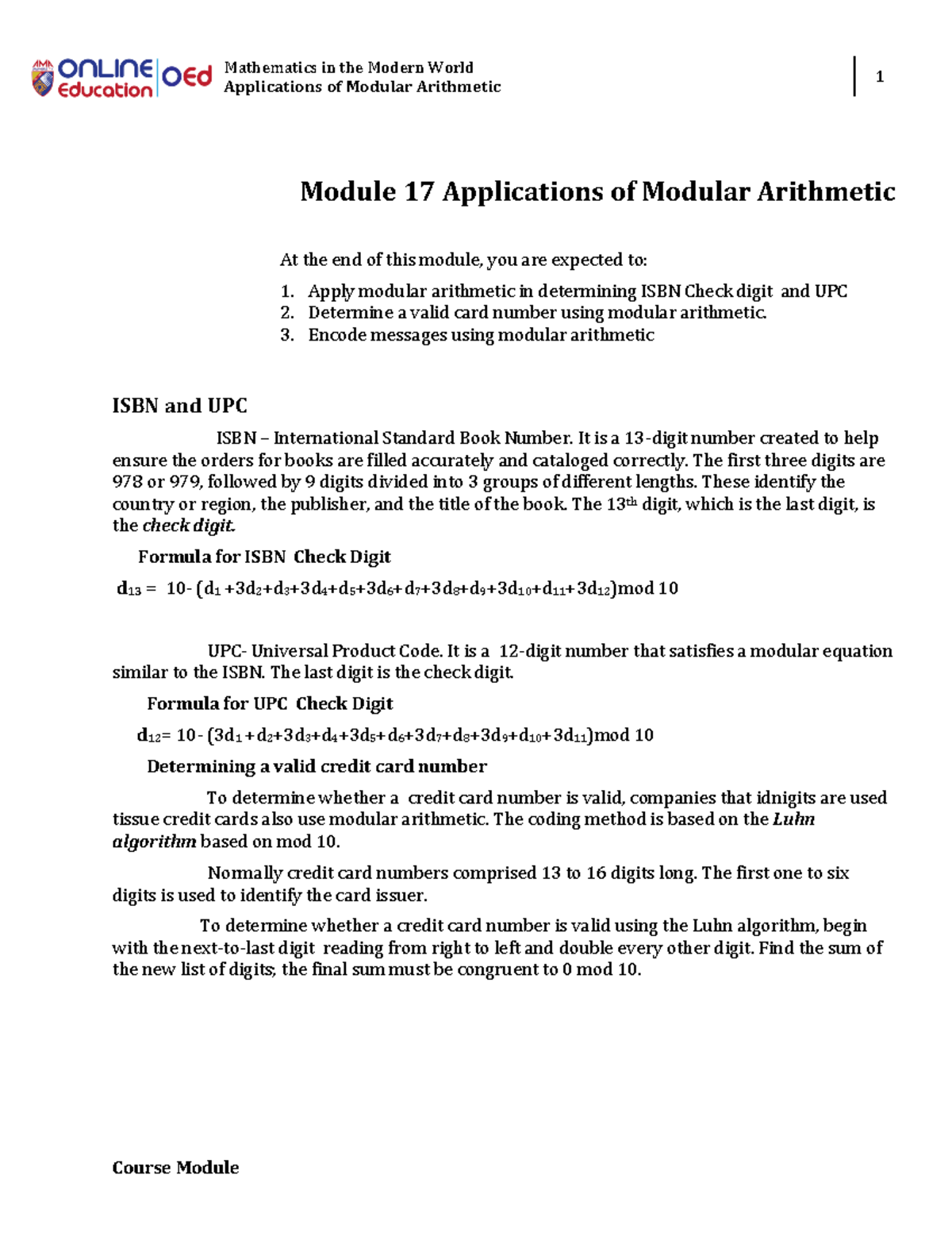 Module 17: Applications of Modular Arithmetic in Various Fields - Studocu