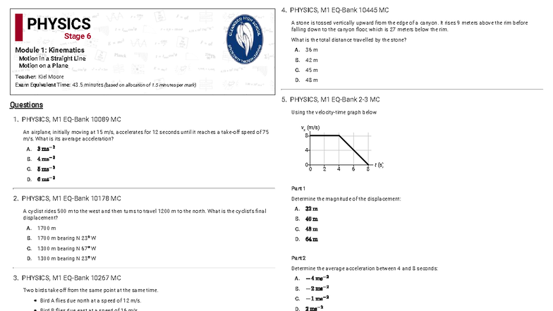 PHYSICS M1 10445 MC Module 1 Kinematics Exam Questions - Studocu