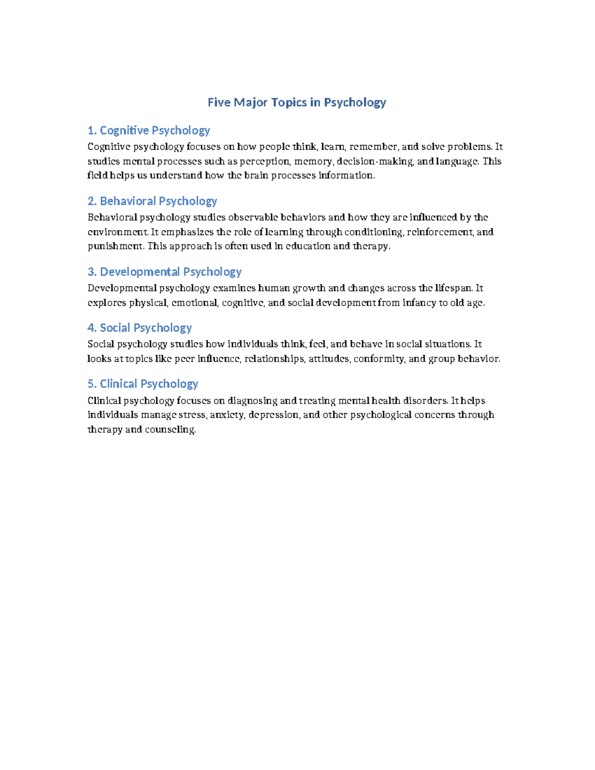 Five Major Topics in Psychology: An Overview - Studocu