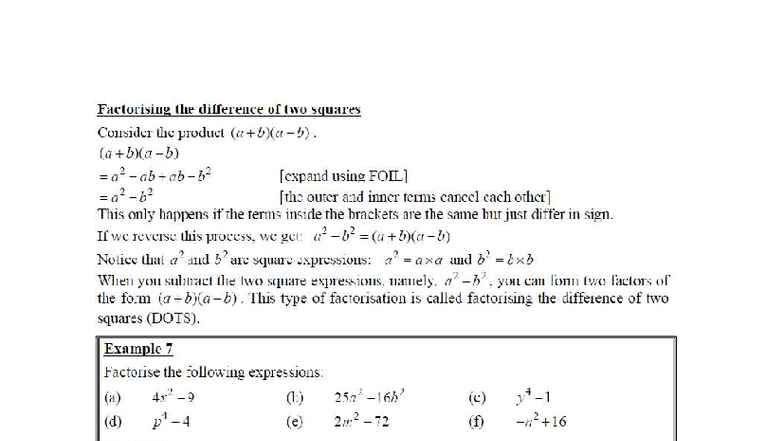 Factorising the Difference of Two Squares - Advanced Maths Notes - Studocu