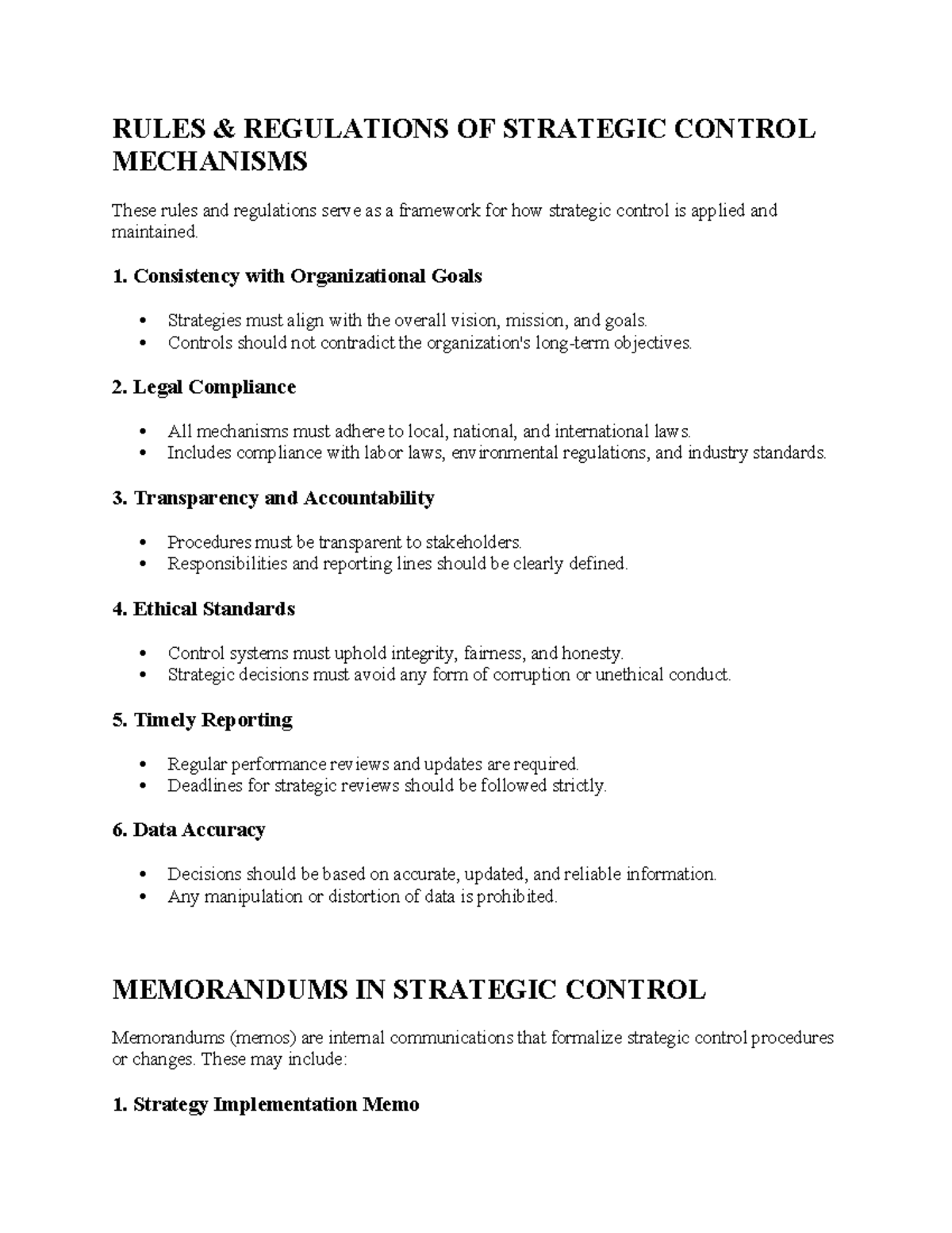Strategic Control Mechanisms: Rules, Regulations, and Memos Overview ...