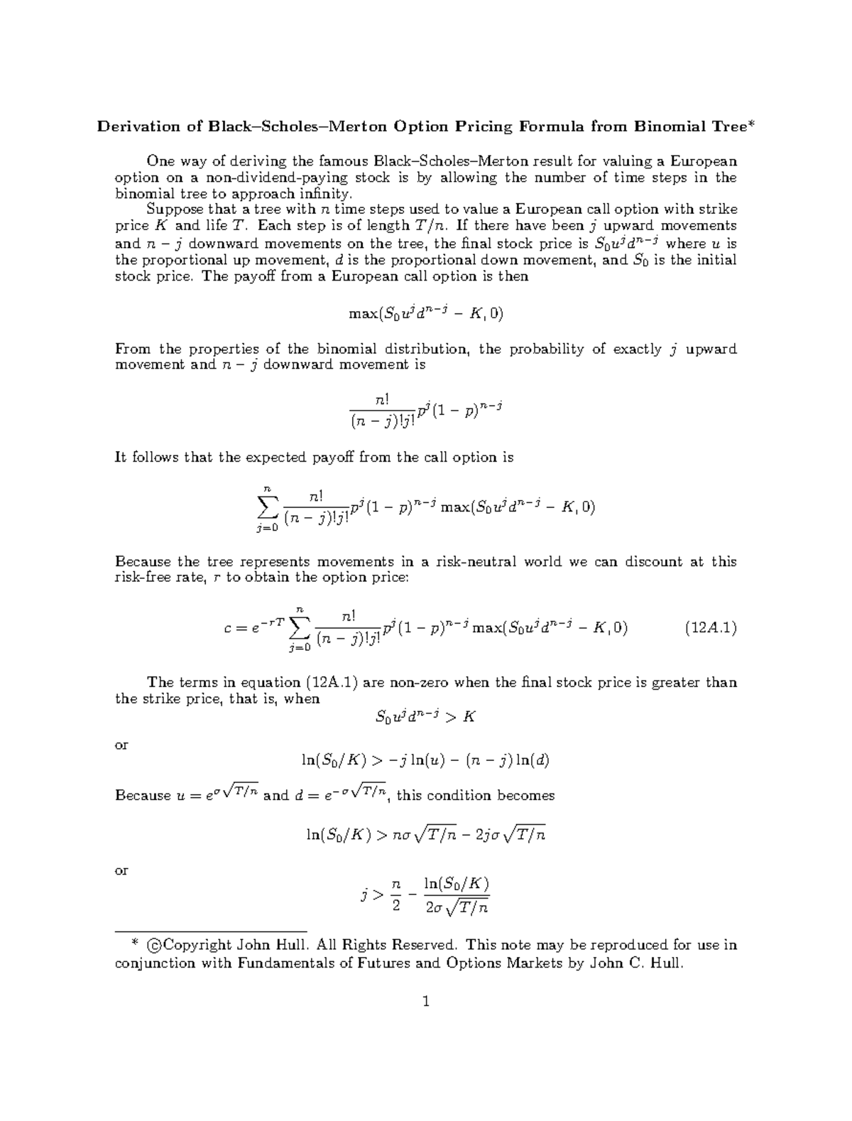 Derivation of Black-Scholes-Merton Formula from Binomial Model - Studocu