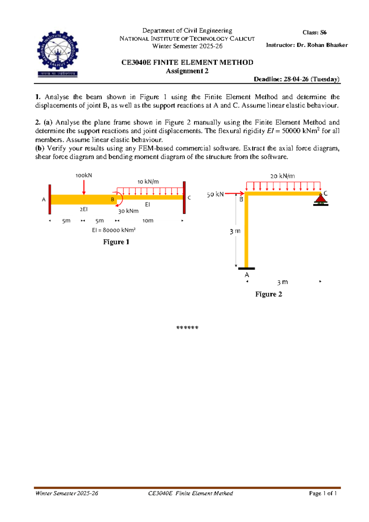 CE3040E Finite Element Method Assignment 2 Analysis Winter 2025-26 ...