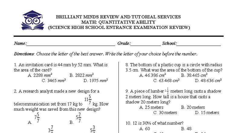 Math Review for Science High School Entrance Exam (PHILSCI MATH DELBY 2 ...