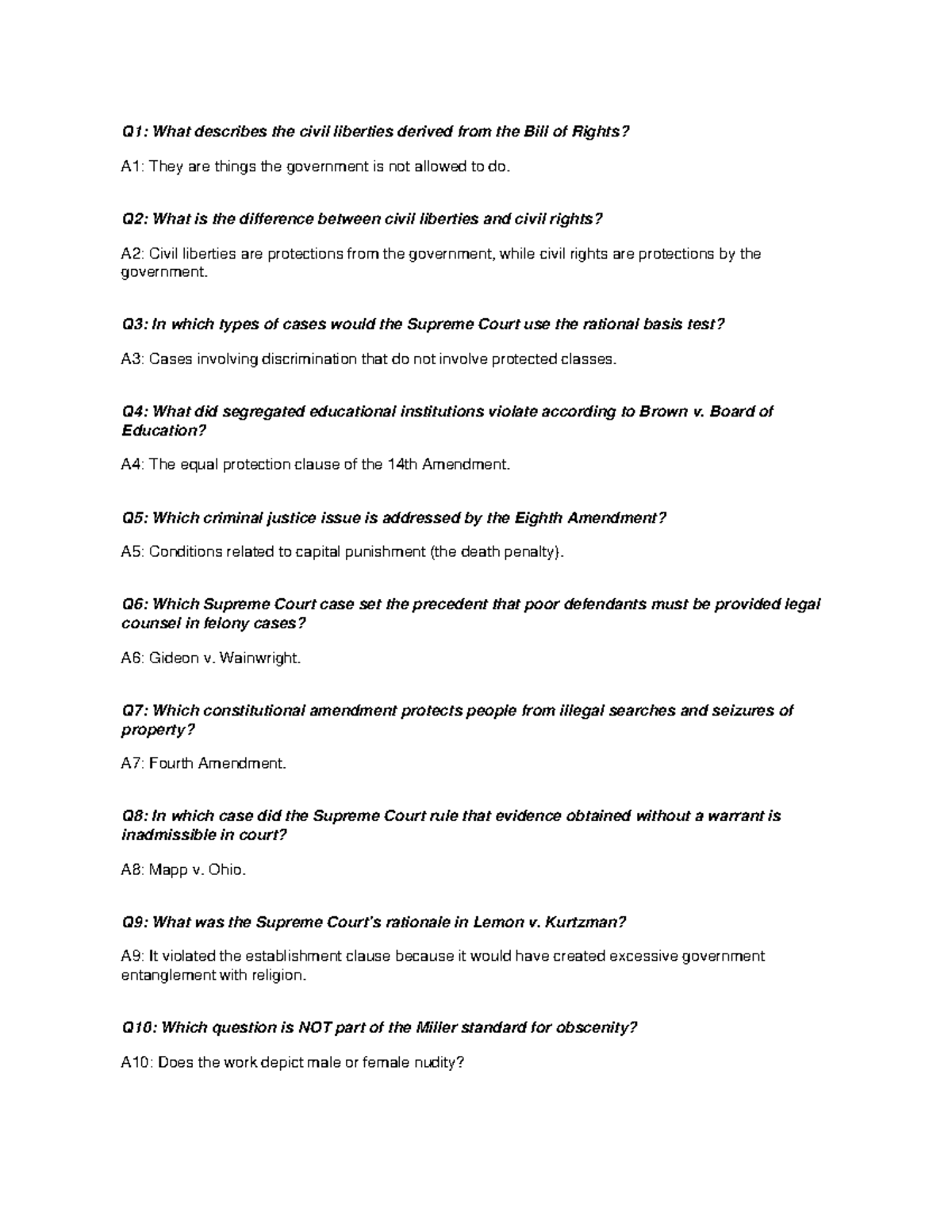 Civil Liberties & Supreme Court Cases: Key Q&A for Law 101 - Studocu