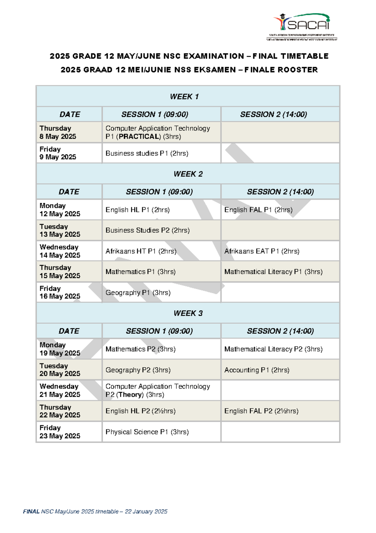 Final NSC May/June 2025 Exam Timetable for Grade 12 Students - Studocu