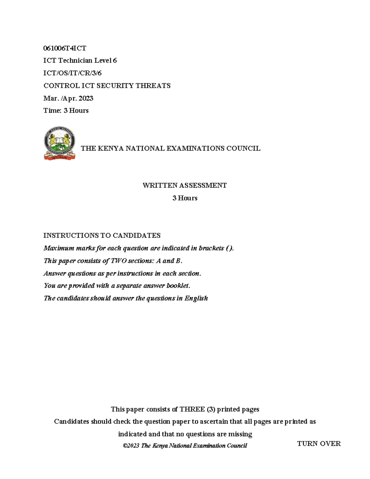 061006T4ICT ICT Technician Level 6 Final Exam: Control ICT Security ...