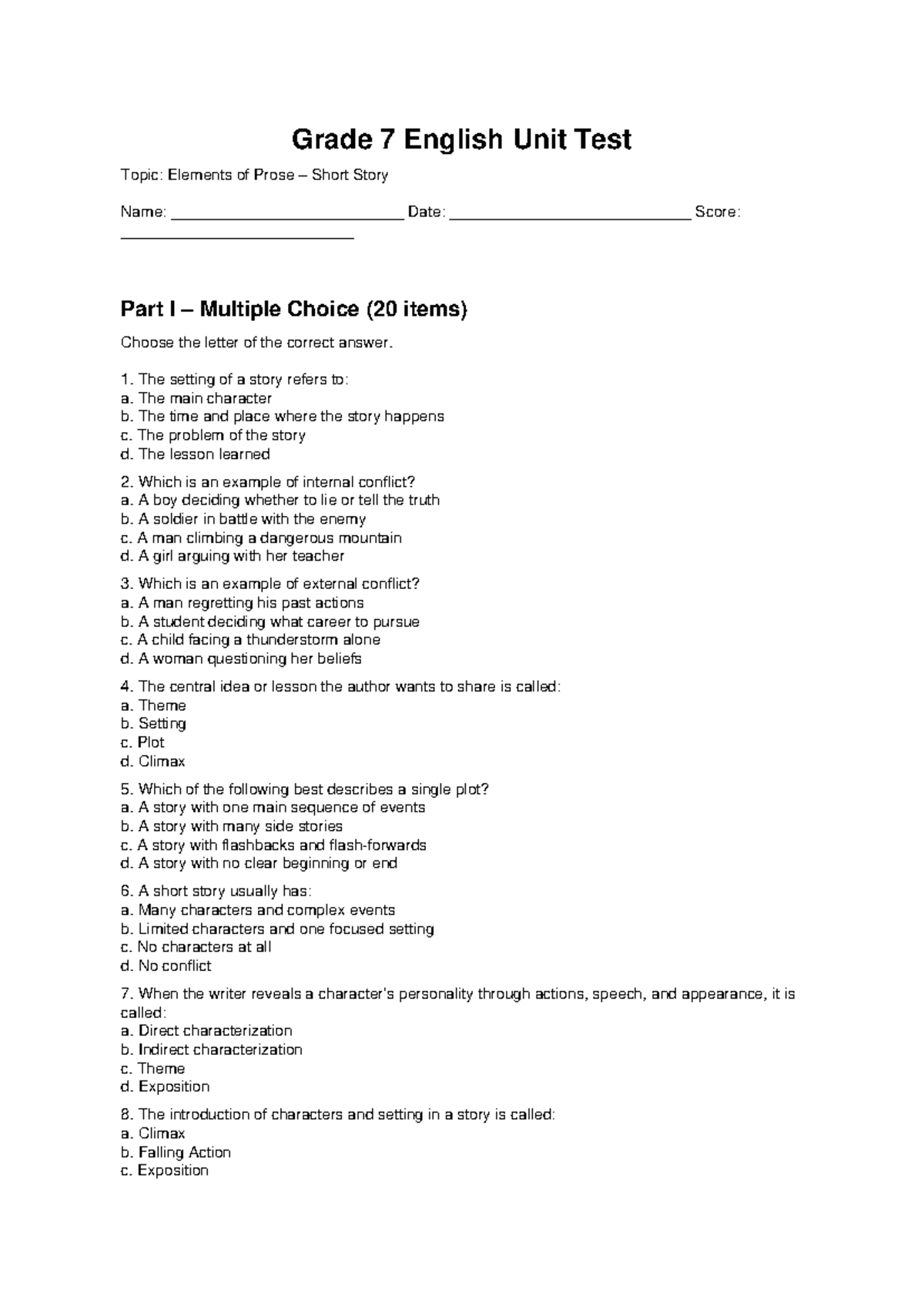 Grade 7 English Unit Test: Elements of Prose Short Story Q2 W1 - Studocu