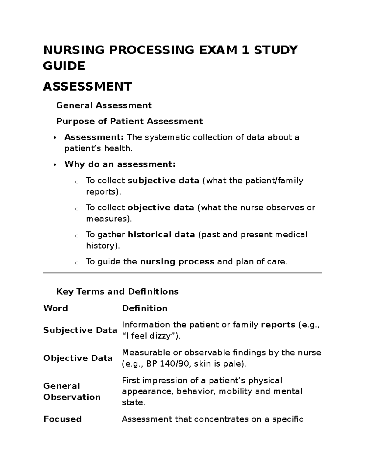 NURS 101: Nursing Process Exam 1 Study Guide on Patient Assessment ...