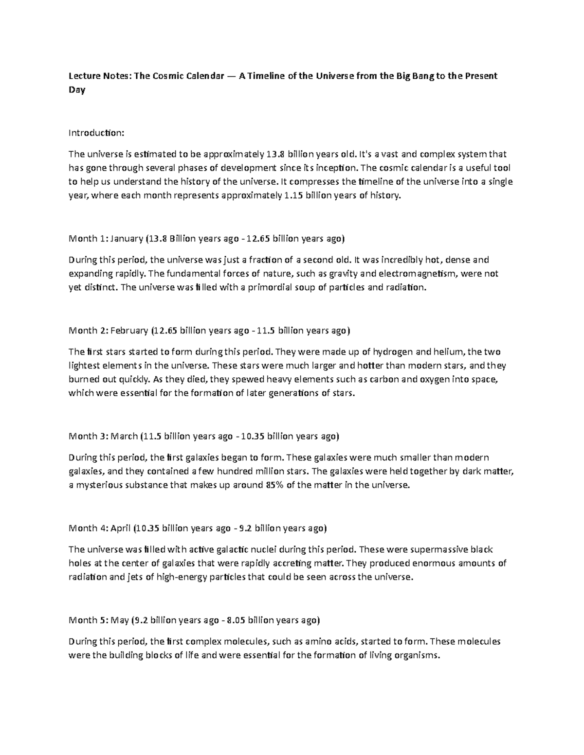 Lecture Notes: The Cosmic Calendar - A Yearlong Timeline of the ...