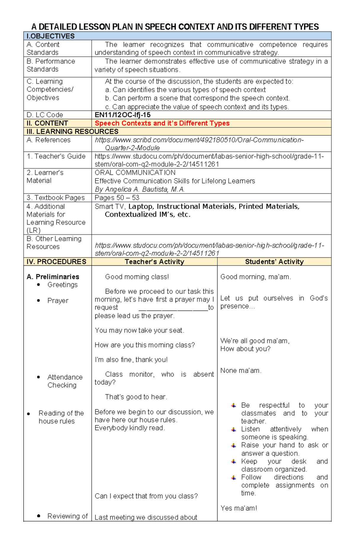 Detailed Lesson Plan on Speech Contexts and Their Types for SHS - Oral ...