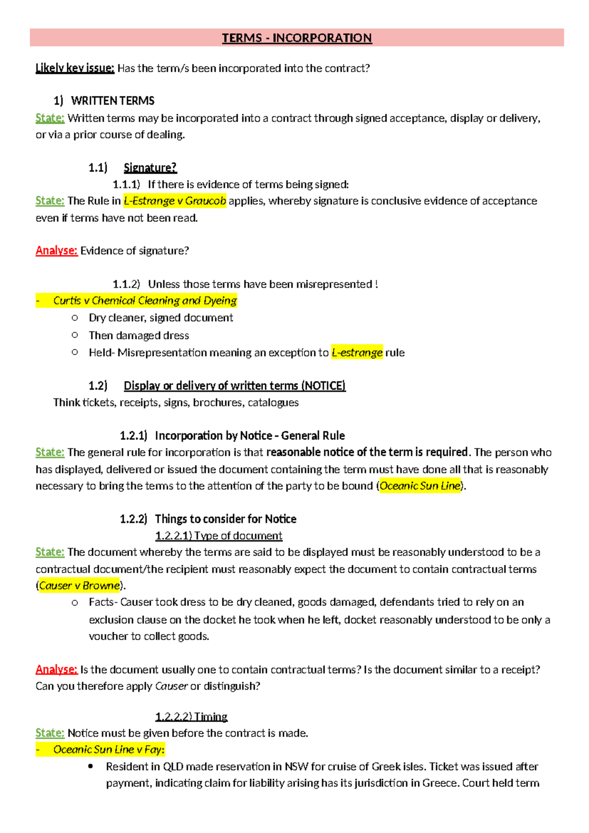Contract Law - Exam Notes (LAW101) on Terms of Incorporation and ...