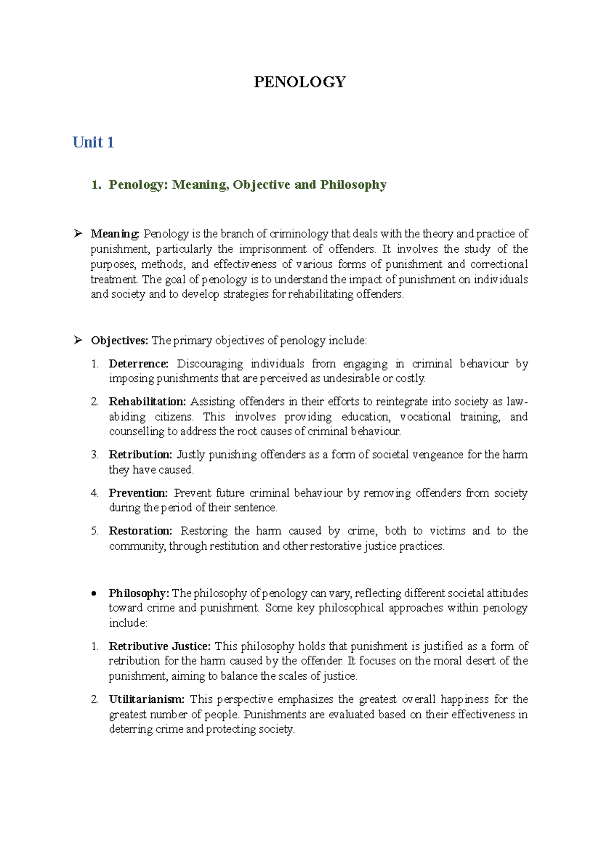 Penology (PENOLOGY 101) - Unit 1: Concepts, Theories, and Indian ...