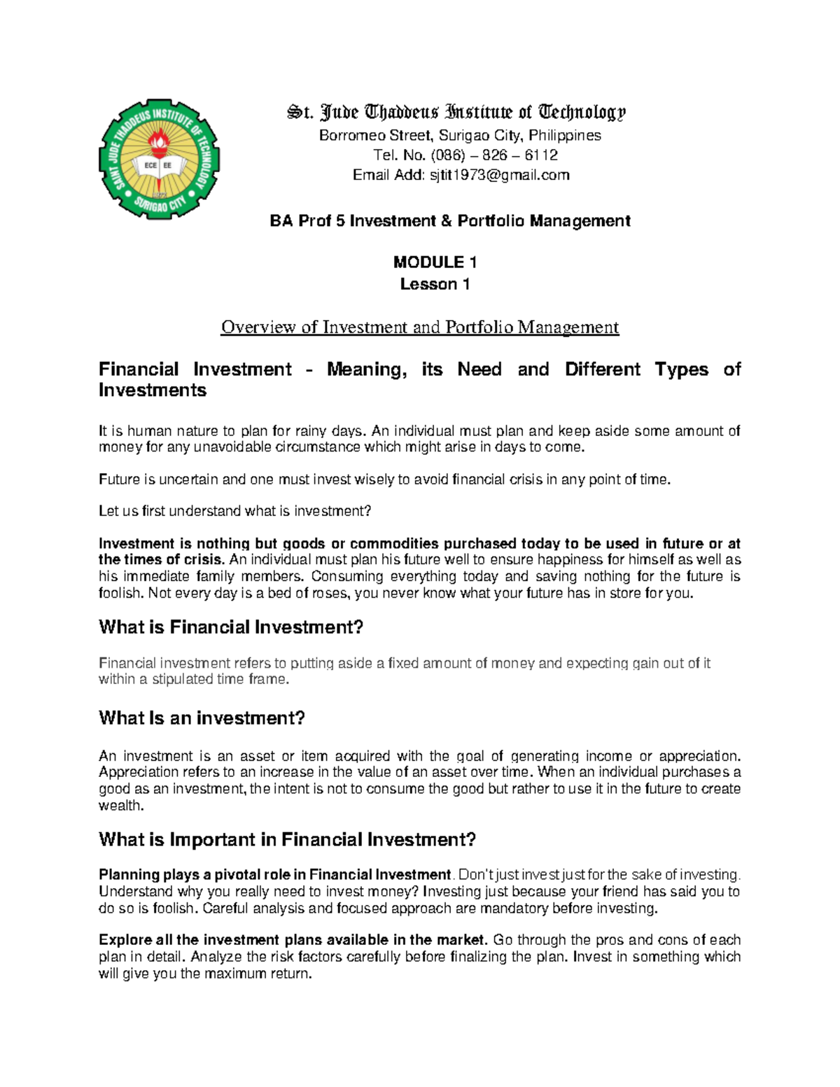BA Prof 5 Module 1 Lesson 1 - Overview of Investment Strategies - Studocu