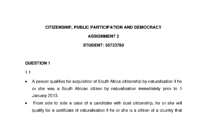 CPD1501 Assignment 2: Citizenship, Public Participation & Democracy ...