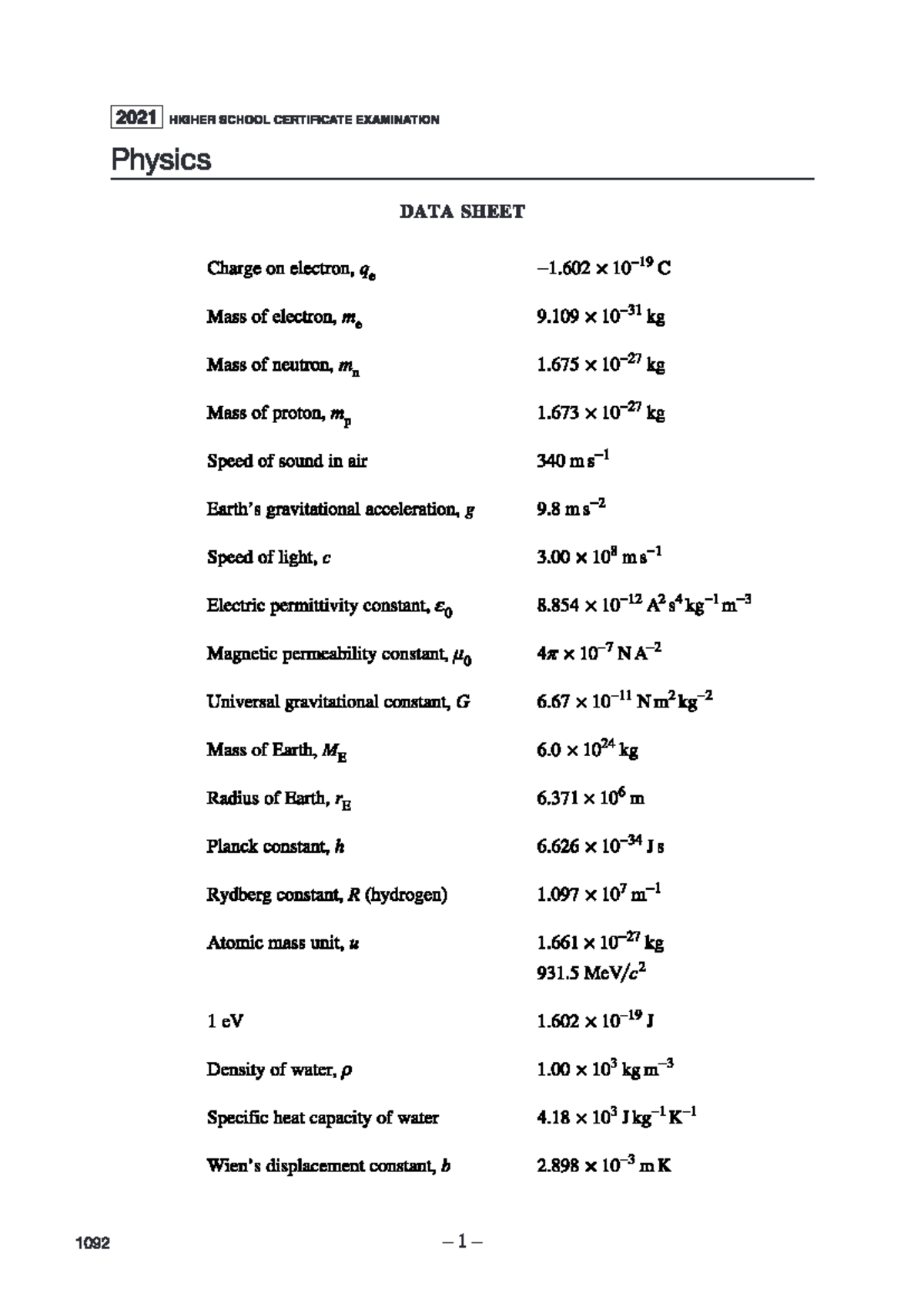 HSC Physics 2021 Formula Sheet and Data Reference - Studocu
