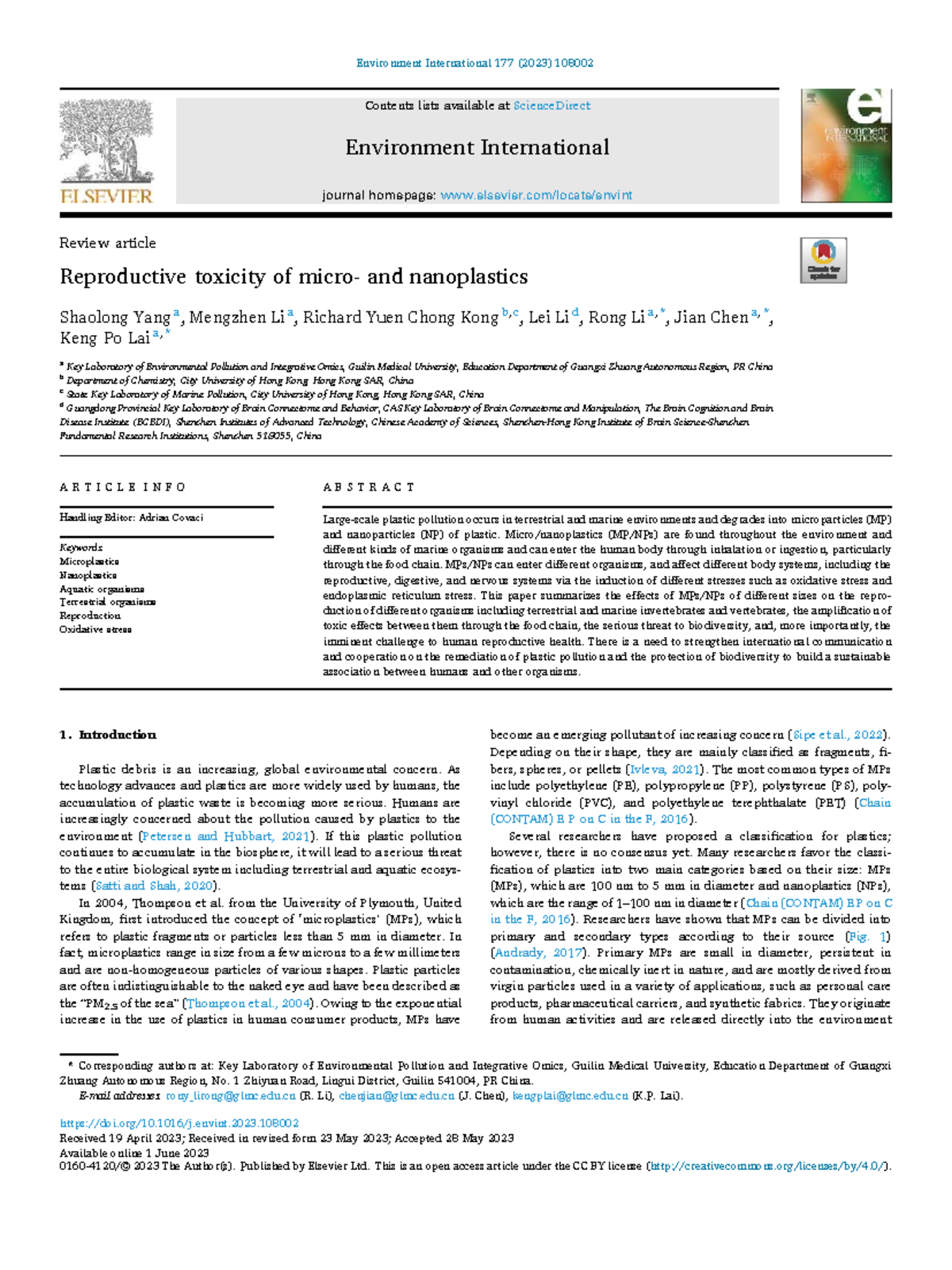 Reproductive Toxicity of Microplastics and Nanoplastics: A Review (ENV ...