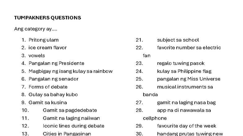 Tumpakners Questions: Categories and Examples for Quiz - Studocu