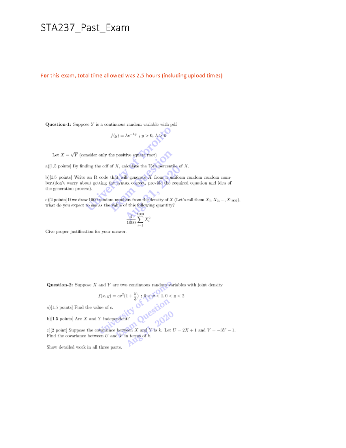 STA237 Past exam - STA237_Past_Exam For this exam, total time allowed was 2 hours (including ...