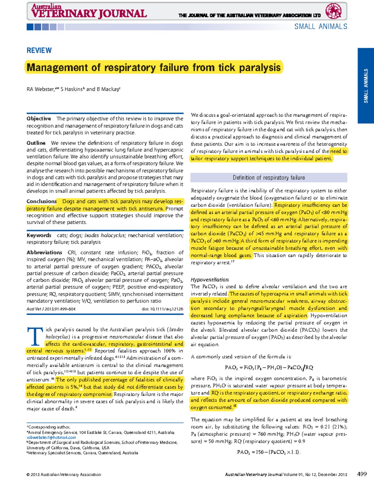 Management of Respiratory Failure in Small Animals with Tick Paralysis ...