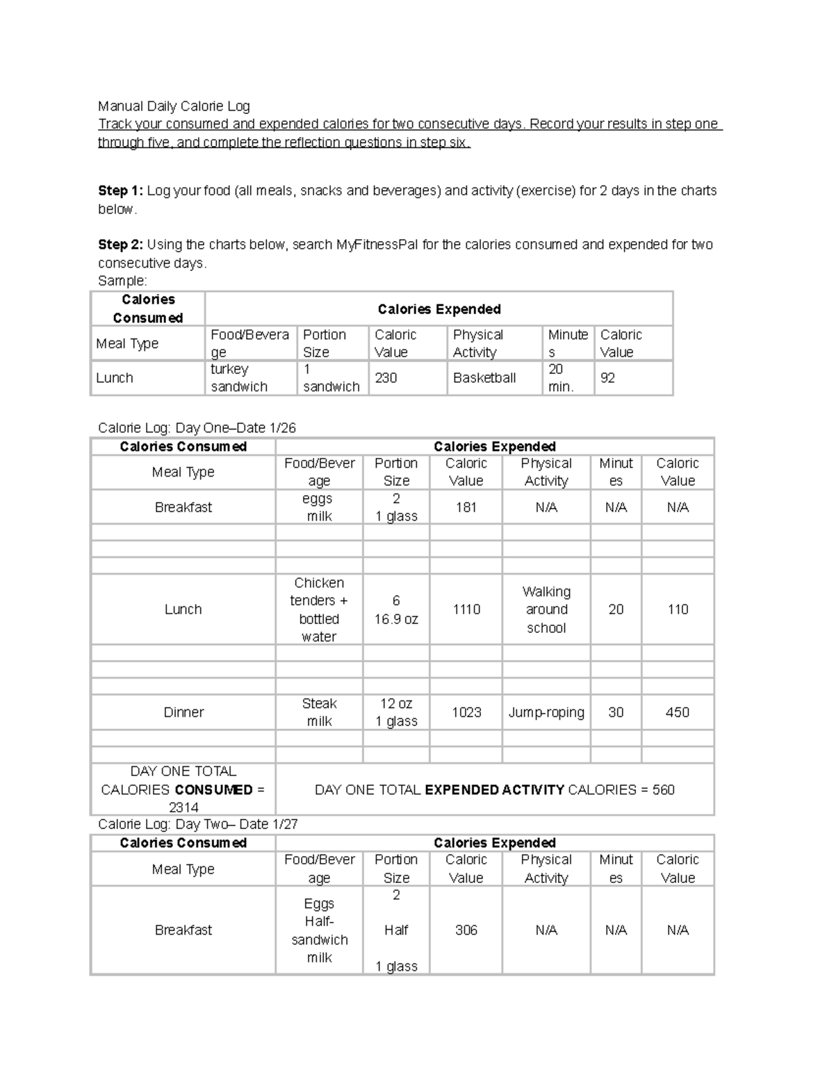 Manual Calorie Log for FLVS 4 - Daily Tracking Completed - Studocu