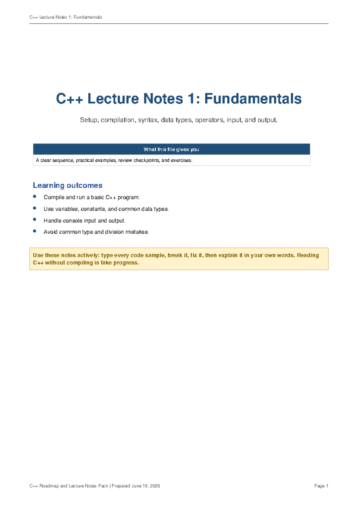 Lecture Notes 1: C++ Fundamentals Overview and Key Concepts - Studocu