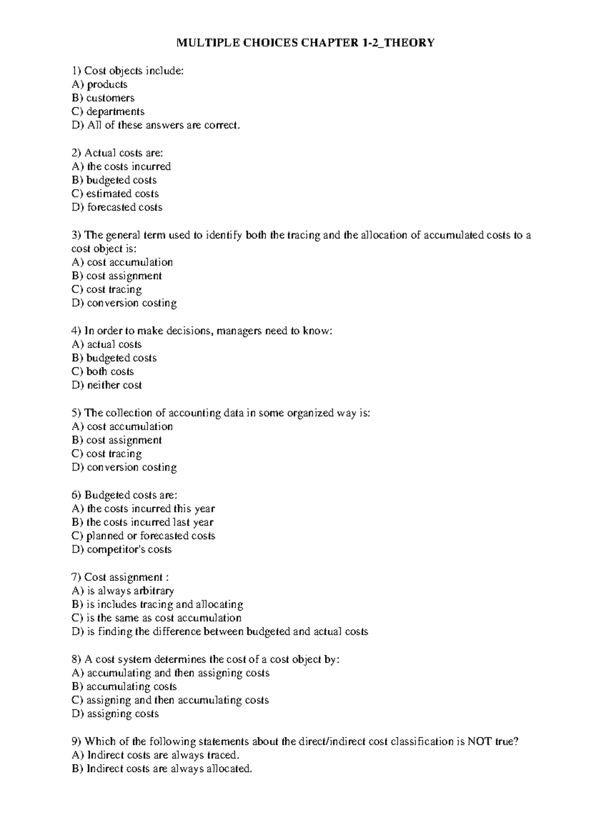 Chapter 1-2: Multiple Choice Questions on Cost Theory - Studocu