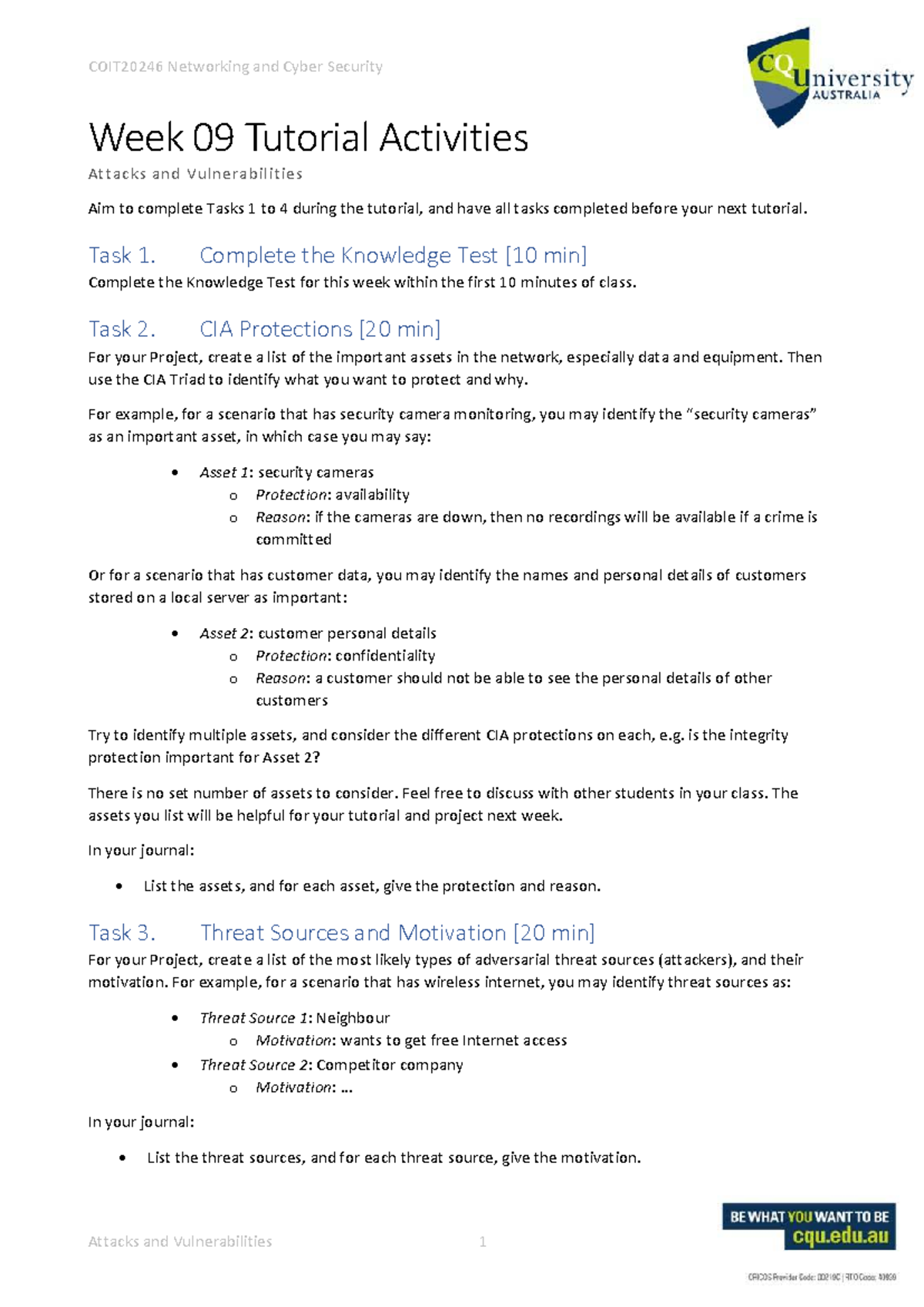 COIT20246 Networking & Cyber Security W09 Tutorial: Attacks ...