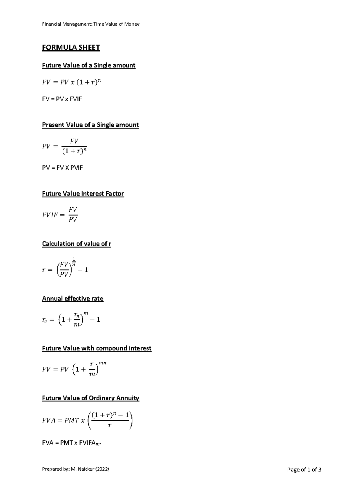 Formula Sheet for TVM - N/A - Financial Management: Time Value of Money ...