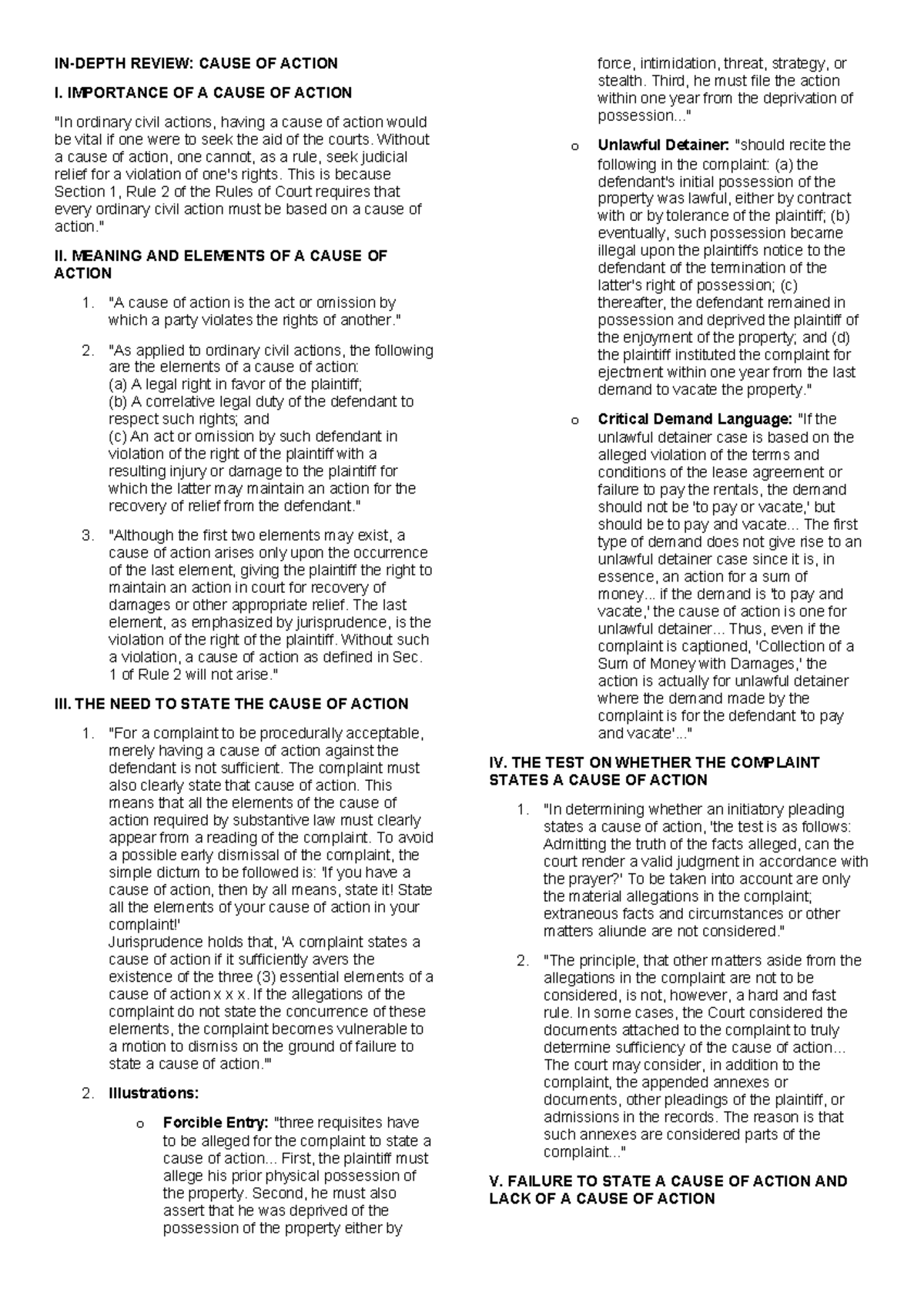 Civil Procedure 3: Cause of Action Review and Case Digest - Studocu