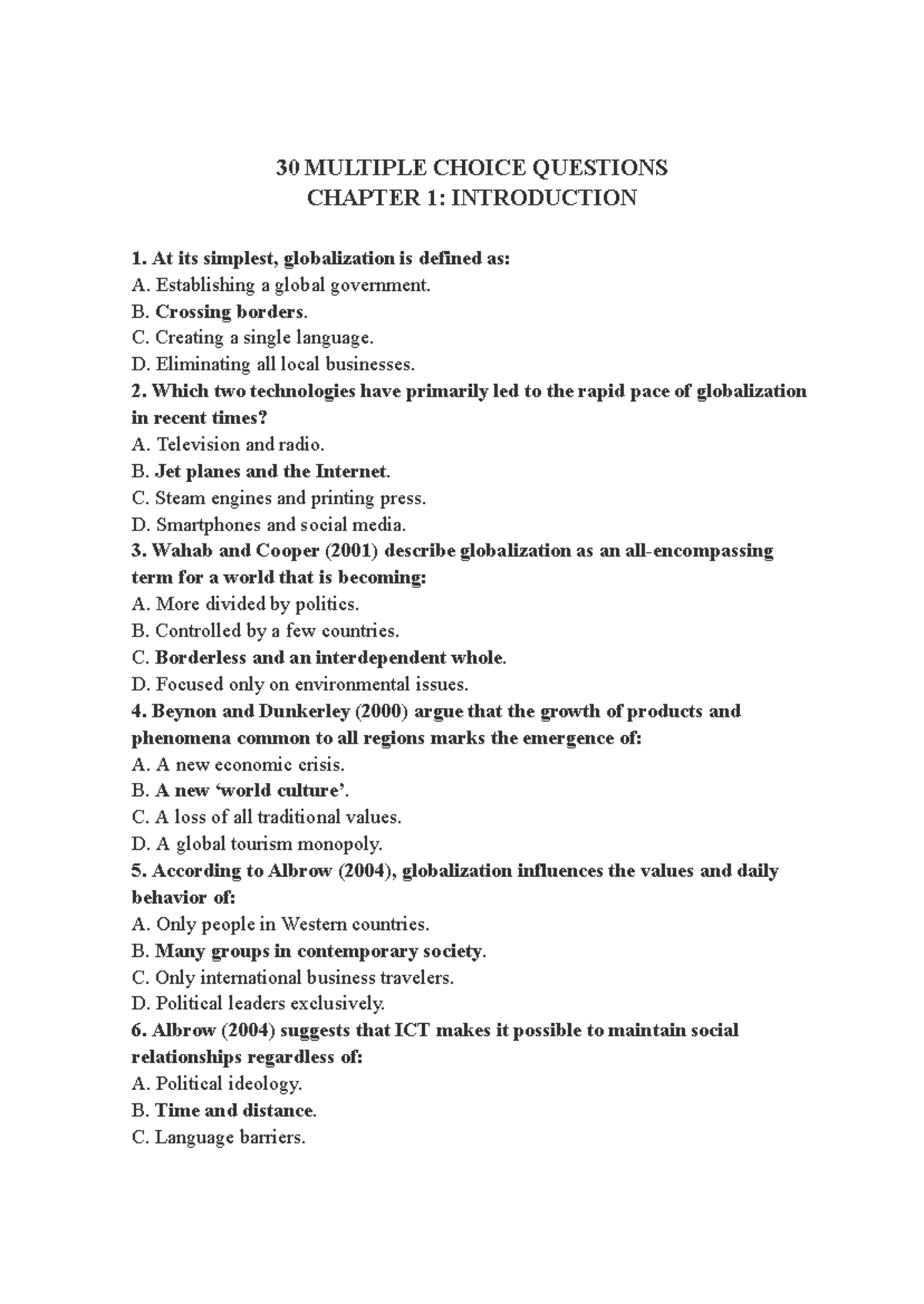 30 MCQs on Globalization - CHAP 1: Introduction - Studocu