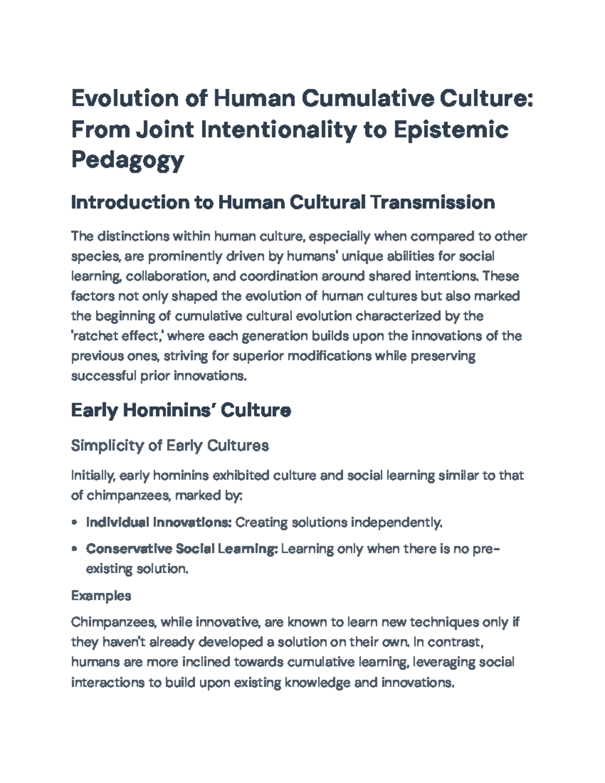 Evolution of Human Cumulative Culture: Joint Intentionality & Pedagogy ...