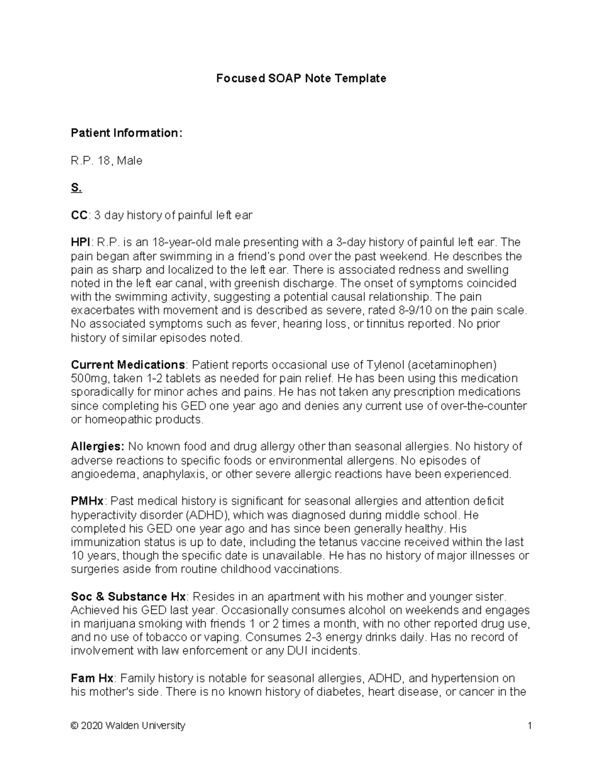 WEEK 3 NRNP Focused SOAP Note for Patient with Ear Pain - Studocu
