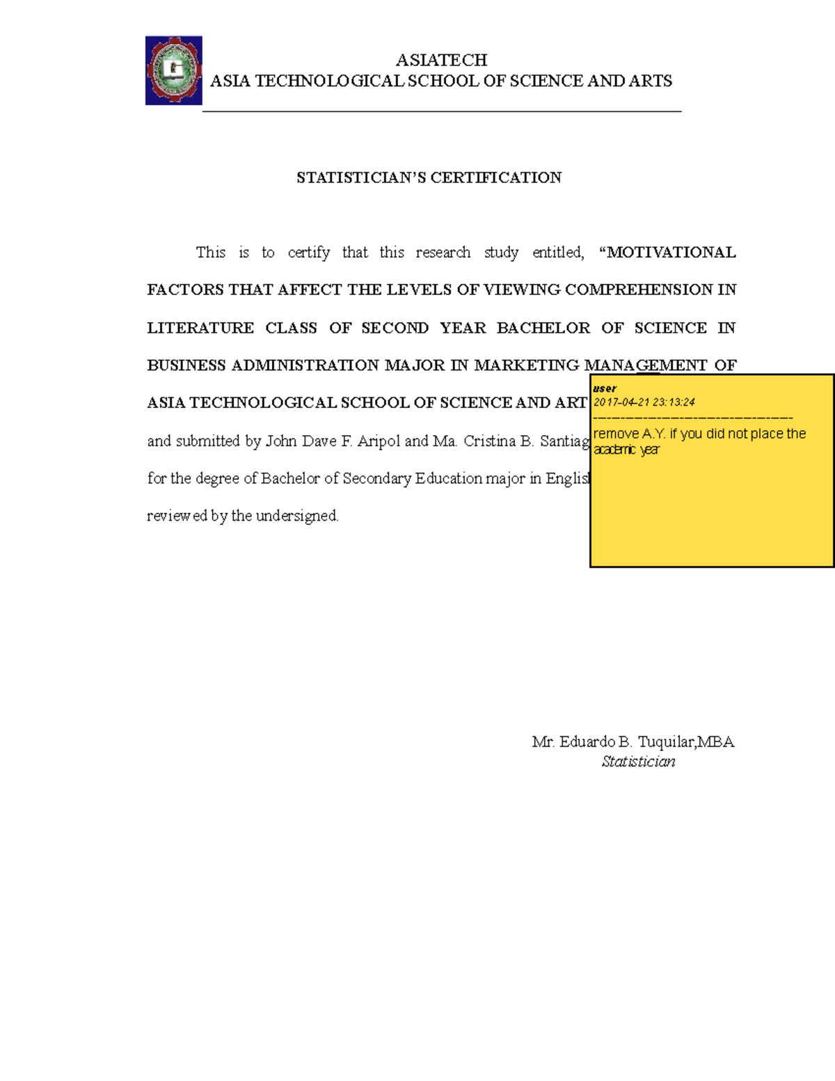 Certificate for Statistician and Proofreader - BSBA Marketing ...