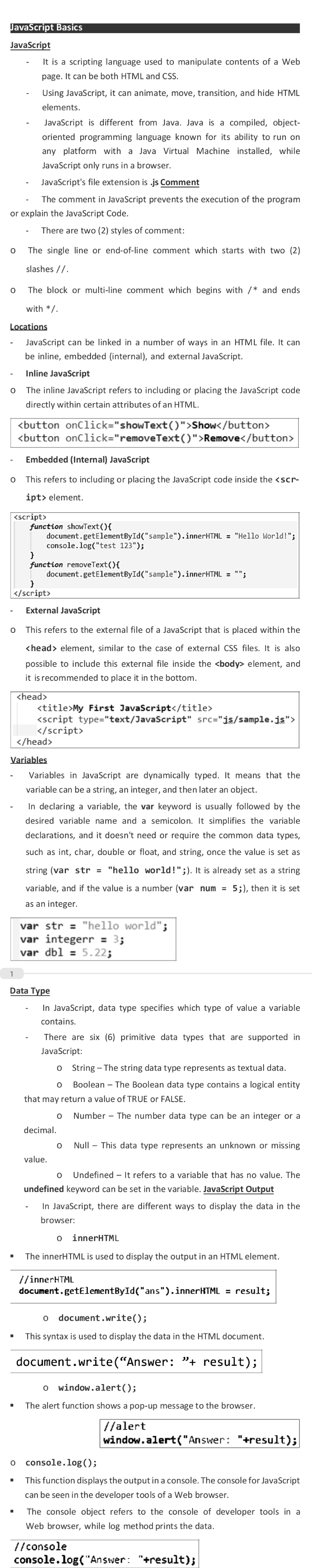 Handout 5 - JS Basics 1 - JavaScript Basics JavaScript It is a scripting language used to ...