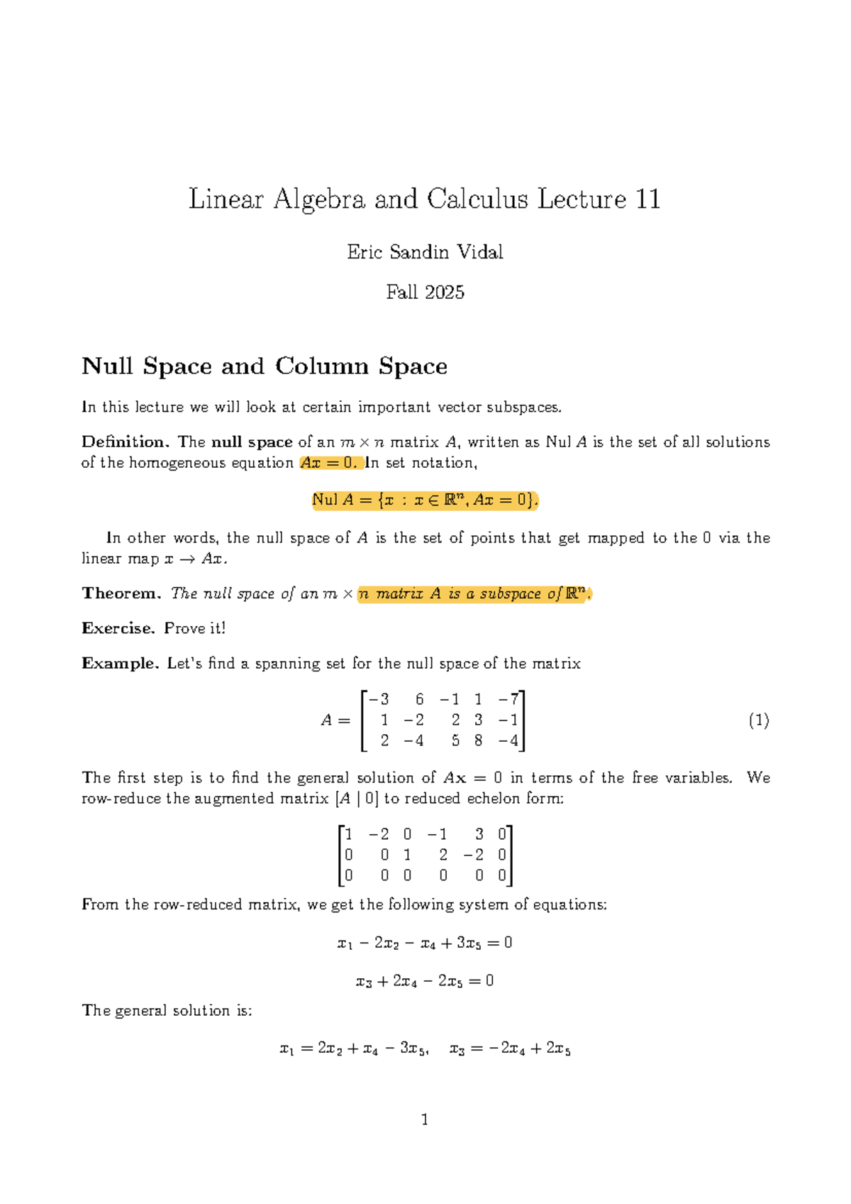 Linear Algebra and Calculus Lecture 11: Null Space & Column Space Notes ...