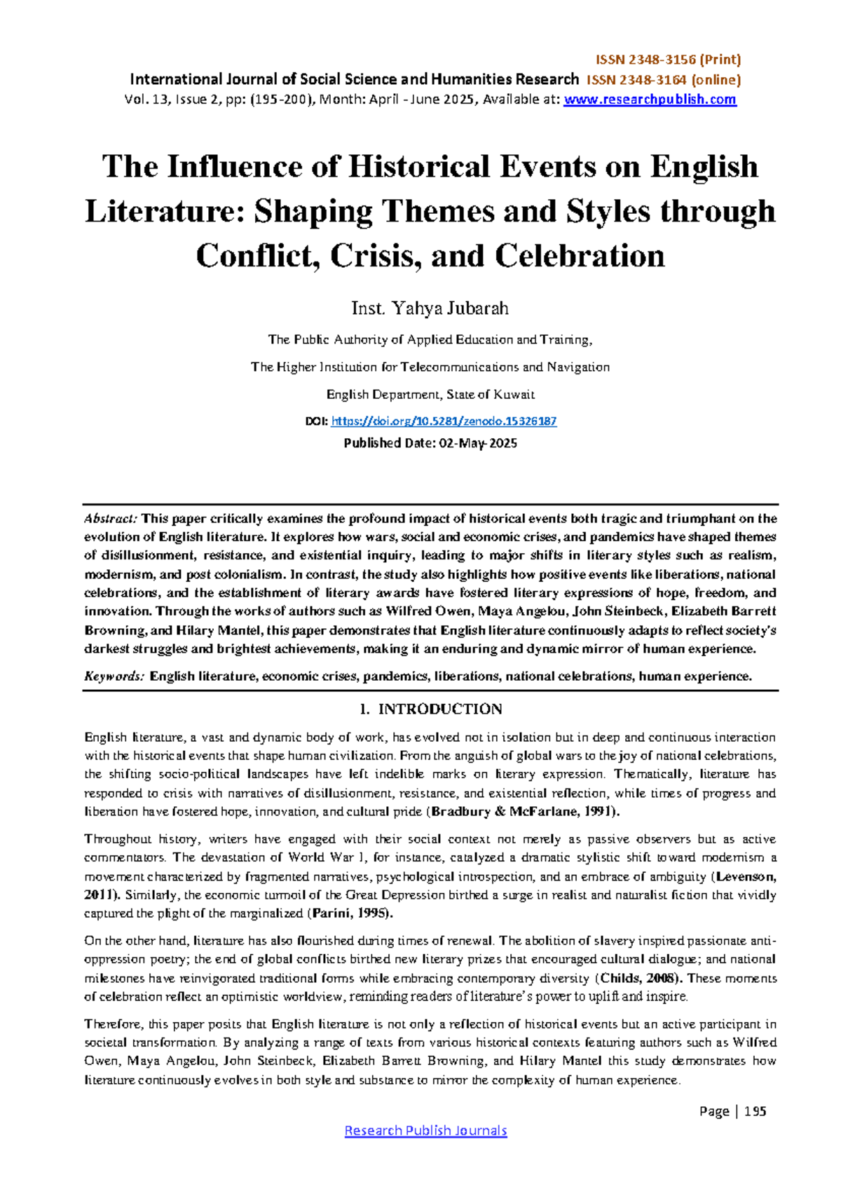 The Influence of Historical Events on English Literature: A Study (ENG ...