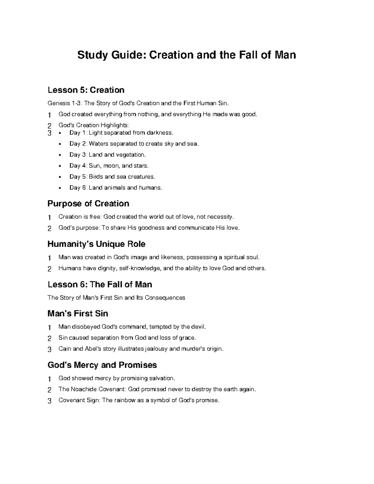 RE Study Guide: the creation and fall of man - Study Guide: Creation ...