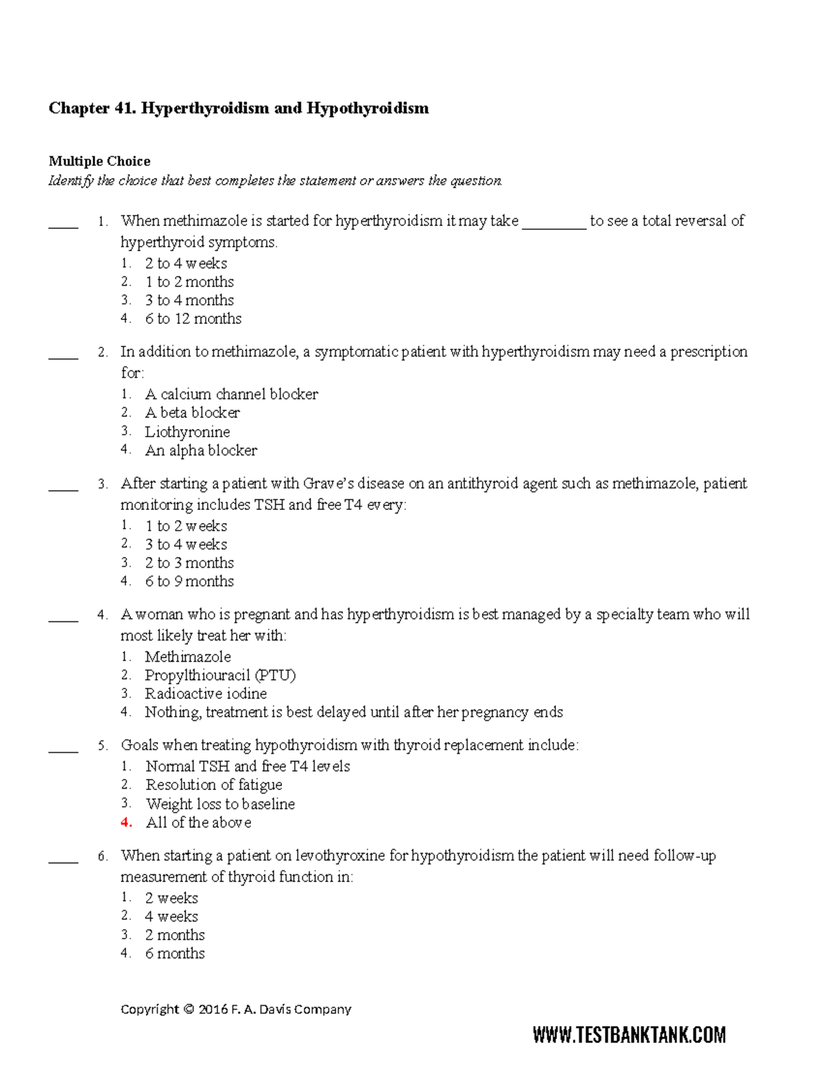 CH41 Test Bank on Hyperthyroidism and Hypothyroidism Questions - Studocu
